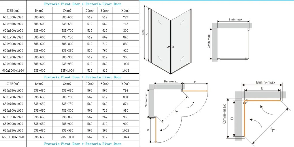Mexen Pretoria DUO sprchový kout 60x90cm, 6mm sklo, chromový profil-čiré sklo, 852-060-090-02-00