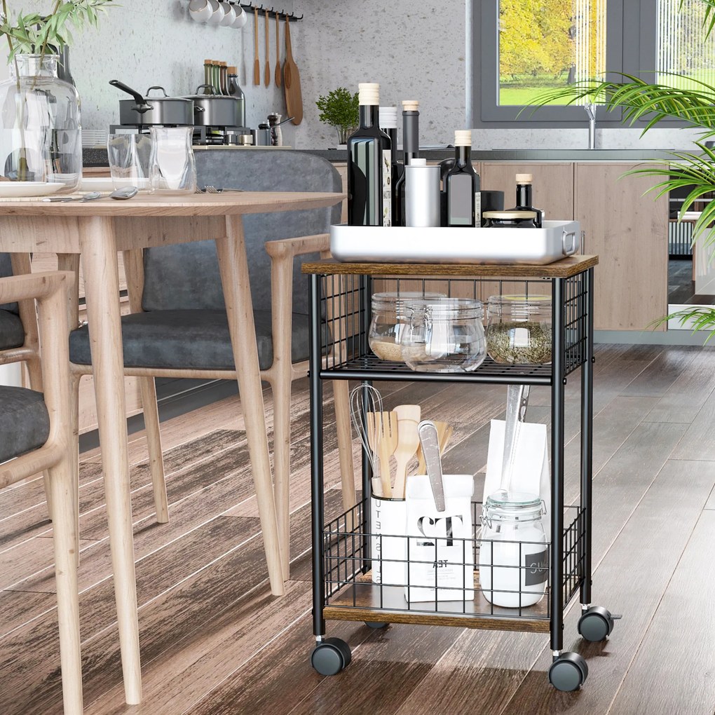 HOMCOM Kuchyňský vozík Servírovací vozík s pracovní deskou a 2 úložnými koši, otočná kolečka o 360°, rustikálně hnědý, 40x30x62 cm | Aosom.de