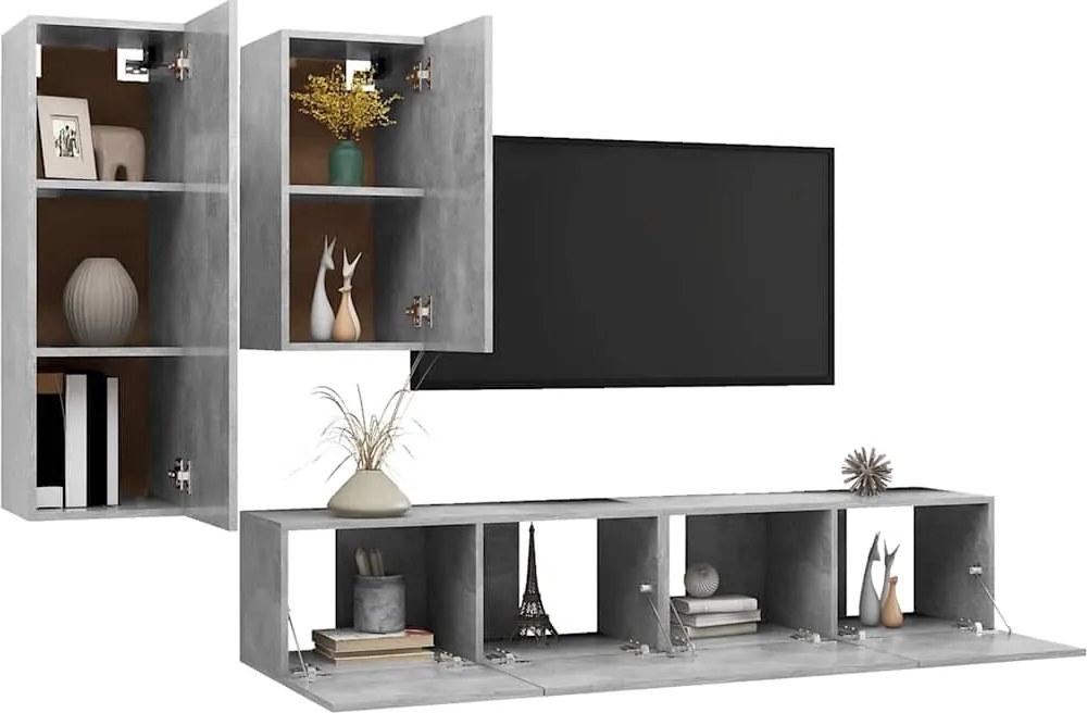 4dílný set TV skříněk betonově šedý kompozitní dřevo 3079152