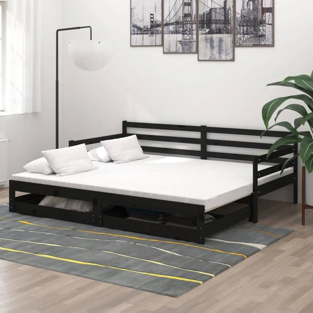 3083703 vidaXL Výsuvná denní postel 2 × (90x200 cm) černá masivní borové dřevo