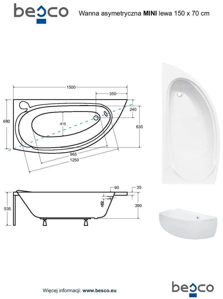 Hopa MINI 150 x 70 cm VANMINI150L+OLVPINOZ vana vč. nožiček levá