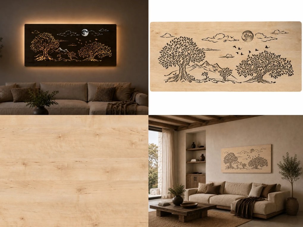 Li-Go "Čtyři duby a měsíc" světelný obraz s baterií a pohybovým čidlem 130x60 cm provedení povrchu: bříza