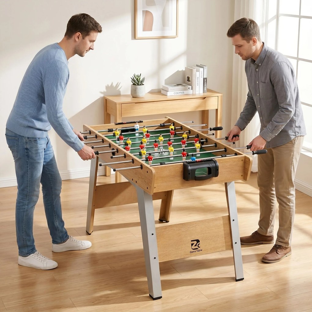 SPORTNOW stolní fotbal s 22 hráči, 2 míčky, protiskluzové rukojeti, počítadla skóre a šikmé nohy — rodinný herní stůl 121 x 87 x 77 cm, přírodní dekor