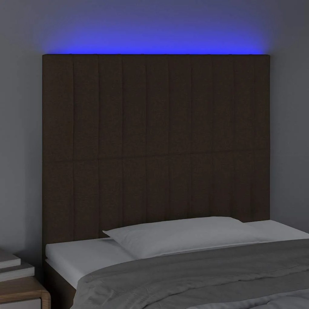 Čelo postele s LED tmavě hnědé 100x5x118/128 cm textil 3122655