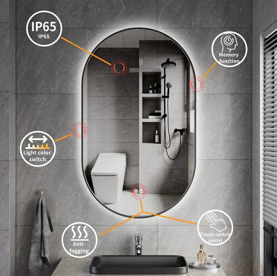 Erga Freya, oválné LED zrcadlo 60x100cm v černém kovovém rámu, 3 barvy světla, zadní osvětlení, vyhřívací podložka proti zapaření, ERG-V01-FREYA-6010-BK