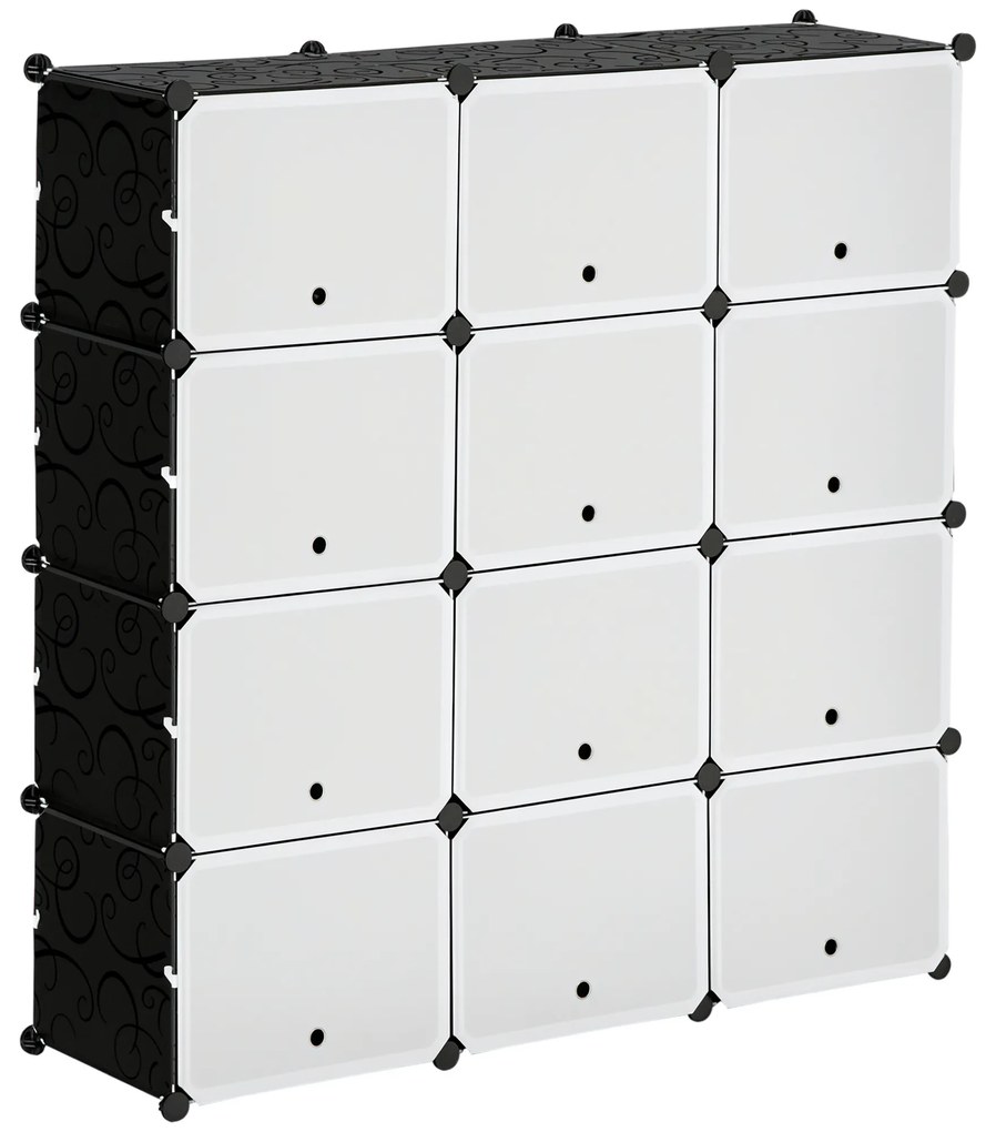 HOMCOM Botník Úložný box s 12 kostkami DIY zásuvný regál s dvířky Plastová ocel Černá+bílá 125 x 32 x 125 cm | Aosom