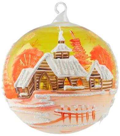 Vánoční koule oranžová s malovanou chaloupkou