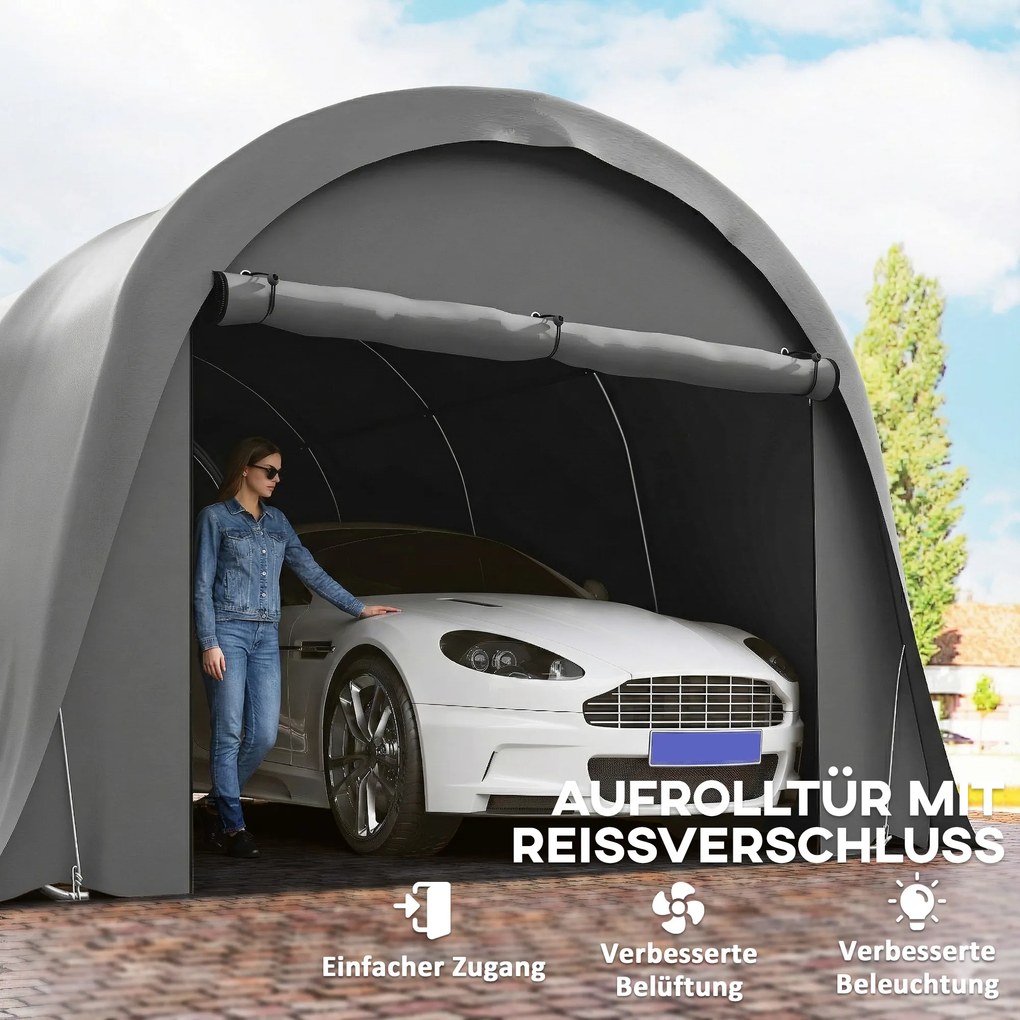 Outsunny přístřešek na auto 3 × 6 m – voděodolný úložný stan s odnímatelnými bočnicemi, velkými rolovacími dveřmi na zip, zakřivenou střechou, UPF50+…
