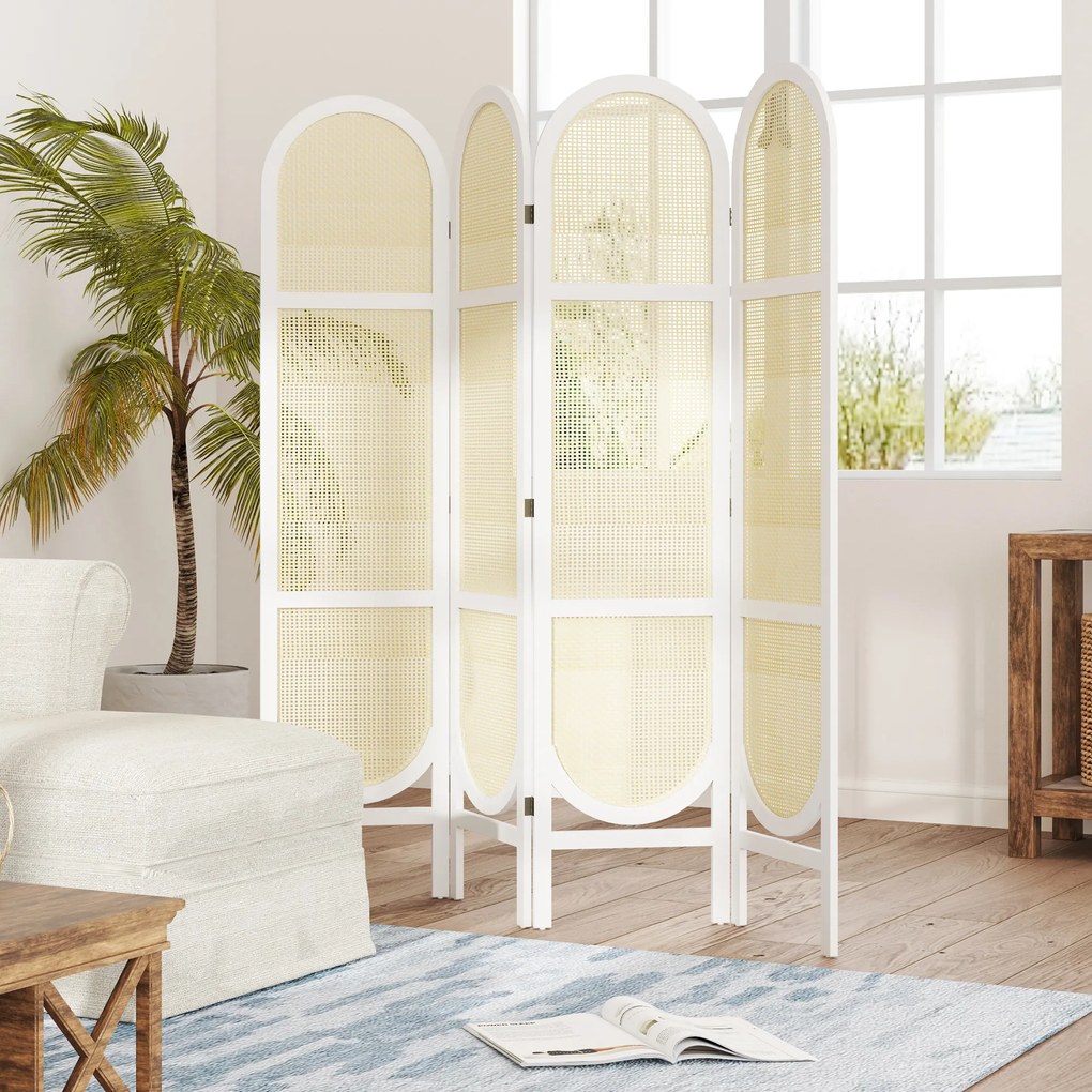 HOMCOM Dřevěná Příčka do Interiéru 4 Panely 170 x 160 cm, Skládací a Přenosná, Ručně Tkaný Vzor, Oddělovací Příčka pro Obývací Pokoj a Ložnici, Bílá