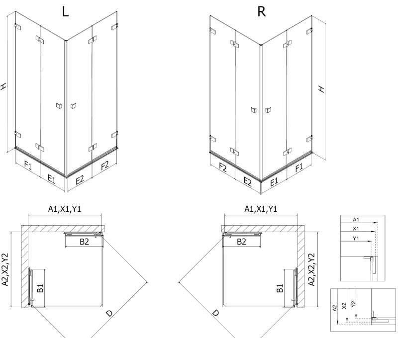 Mexen Lunar-F Duo, sklápěcí sprchový kout 95 x 95 cm, 6mm čiré sklo, profil grafit broušený, 836-095L-095P-66-00
