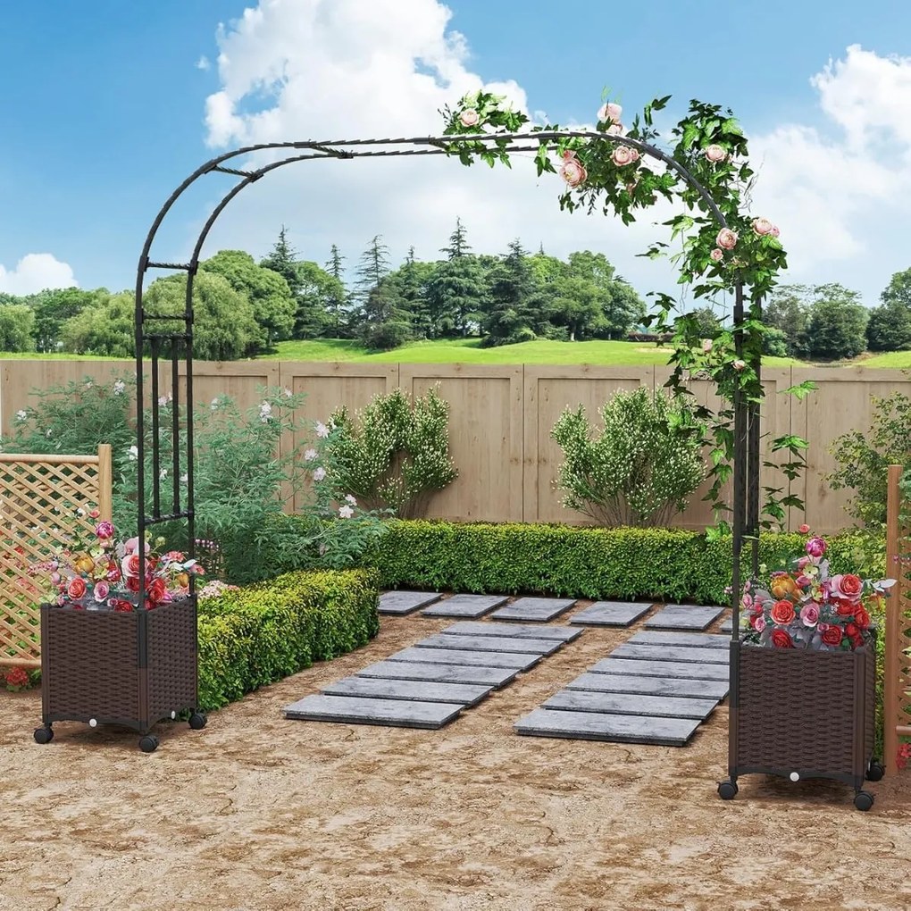 Costway Zahradní oblouk mřížovina s 2 truhlíky venkovní pergola mřížovina kovový