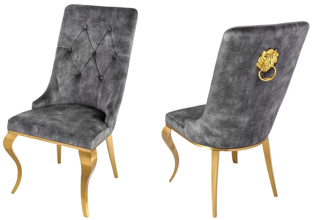 Designová židle Rococo Lví hlava šedá / zlatá