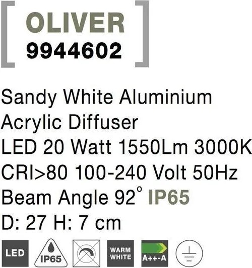 NV 9944602 Venkovní stropní svítidlo OLIVER bílý hliník akrylový difuzor LED 20W 3000K 100-240V 92st. IP65 - NOVA LUCE