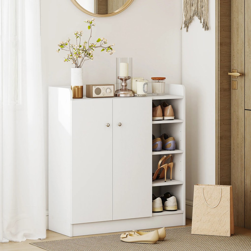 HOMCOM botník komoda se 2 dvířky a 4 přihrádkami do předsíně v bílé barvě 83x30x90 cm, úsporný a moderní |