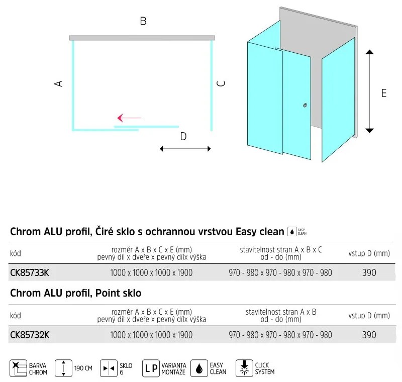 Mereo Lima sprchový kout čtverec 100x100x100x190 cm sklo Point ALU chrom CK85732K