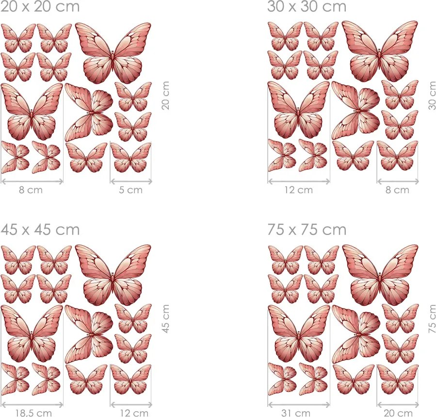Motýli světle červení 13 ks textilní přelepitelné samolepky na zeď arch 30 x 30 cm