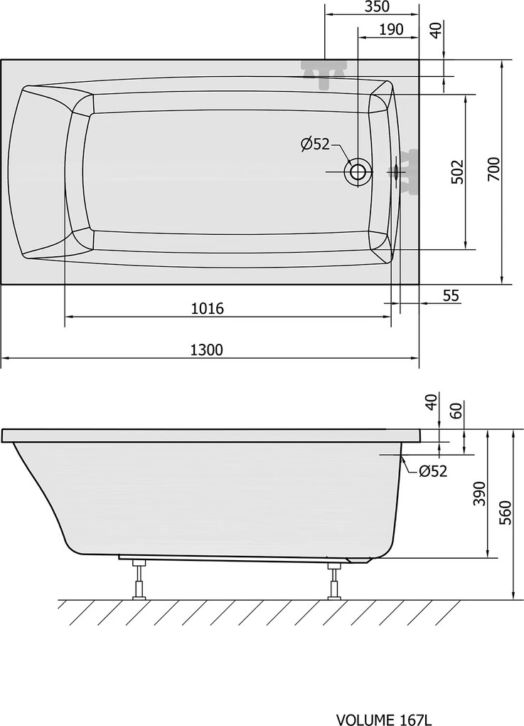 Polysan, LILY obdélníková vana 130x70x39cm, bílá, 77511