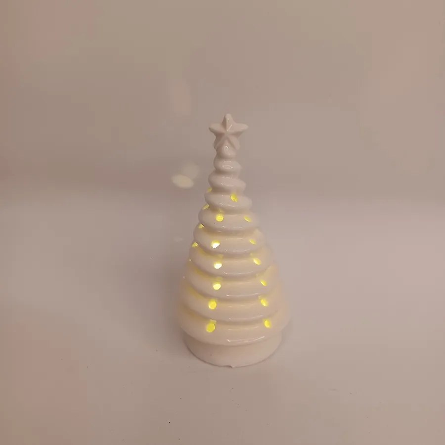 LED svítící dekorace keramický stromeček, 6,2 × 6,2 × 11,2 cm, teple bílá, 2× LR44