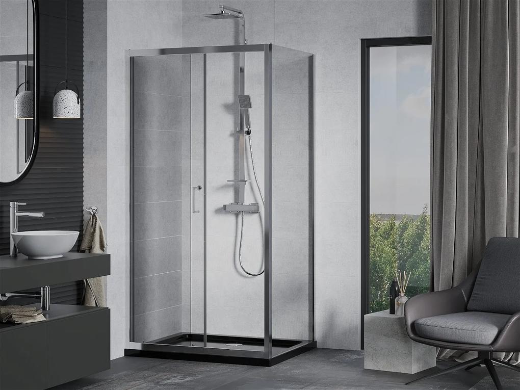 Mexen Apia sprchový kout s posuvnými dveřmi 110 (dveře) x 70 (stěna) cm, 5mm čiré sklo, chromový profil + černá sprchová vanička s chromovým sifonem, 840-110-070-01-00-4070