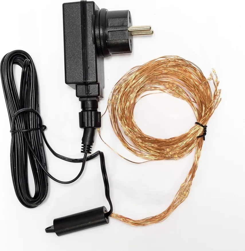 LED světelný řetěz, kapičky, 12 pramenů × 1,5 m venkovní, teple bílá, 180 diod, měděný kabel, IP44, vč. zdroje
