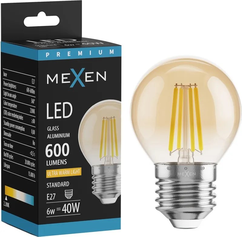 Mexen Vintis, LED filamentová žárovka E27, G45, 6 W, teplá bílá 2200K, jantarová, L156-E27-0622-50