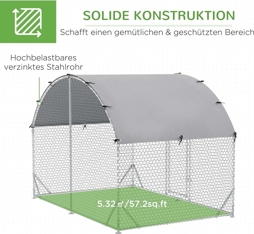 PawHut kurník pro volný chov kuřat z oceli, 280 x 190 x 197 cm, klec pro kuřata s krytem odolným proti UV záření, dvířka, výběh pro 4-6 kuřat, malá z…