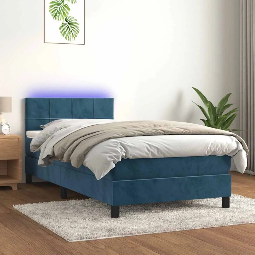 Box spring postel s matrací a LED tmavě modrá 90x190 cm samet 3134379