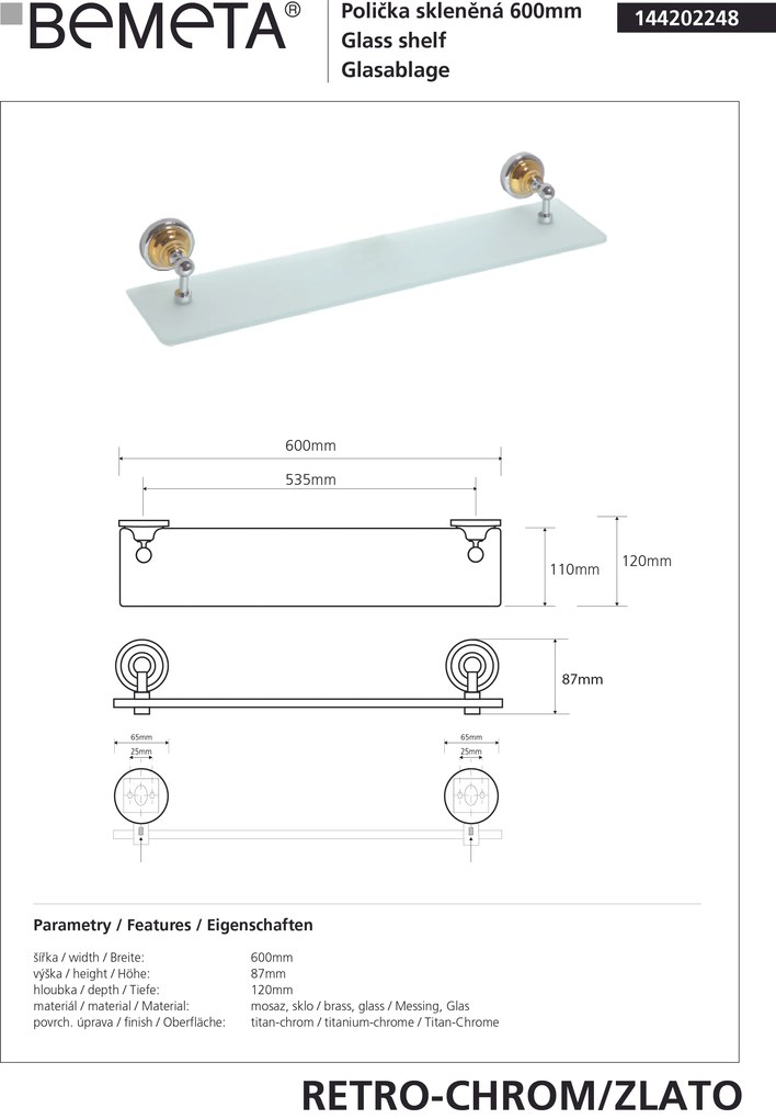 Bemeta Design RETRO gold-chrom: Polička, 600 mm, sklo - 144202248