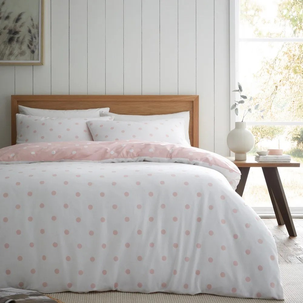 Bílé/růžové flanelové povlečení na dvoulůžko 200x200 cm Polka Dot – Catherine Lansfield
