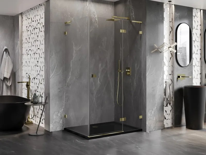 Mexen Lunar, L výklopný sprchový kout pravý 90 x 80 cm, 8mm čiré sklo, zlatý profil, 834L-090-080-50-00-P
