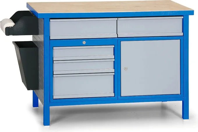 Dílenský pracovní stůl GD, 5 zásuvek, smrk + oboustranně dýhovaná smrková překližka, 5 zásuvek, 1 skříňka, 1190 x 600 x 850 mm, modrá / šedá