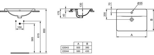 Ideal Standard Connect Umyvadlo zápustné obdélník 58 cm, 1 otvor pro baterii E504401