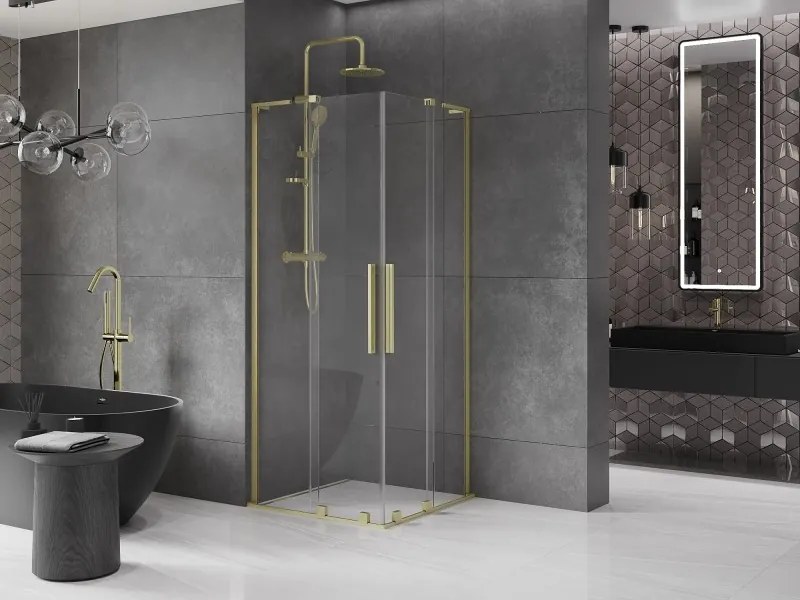 Mexen Velar L Duo, sprchový kout s posuvnými dveřmi 80 x 80 cm, 8mm čiré sklo, zlatá matná, 871-080-080-02-03-55