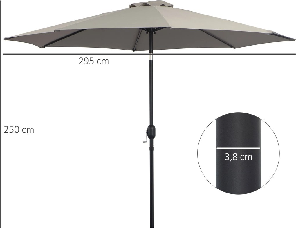 Zahradní slunečník Outsunny Ø295x250 cm s kličkou – venkovní parasol s naklápěcím mechanismem a odnímatelným kovovým sloupem pro terasu, bazén, balko…