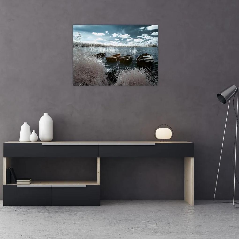 Skleněný obraz - Dřevěné loďky na jezeru (70x50 cm)