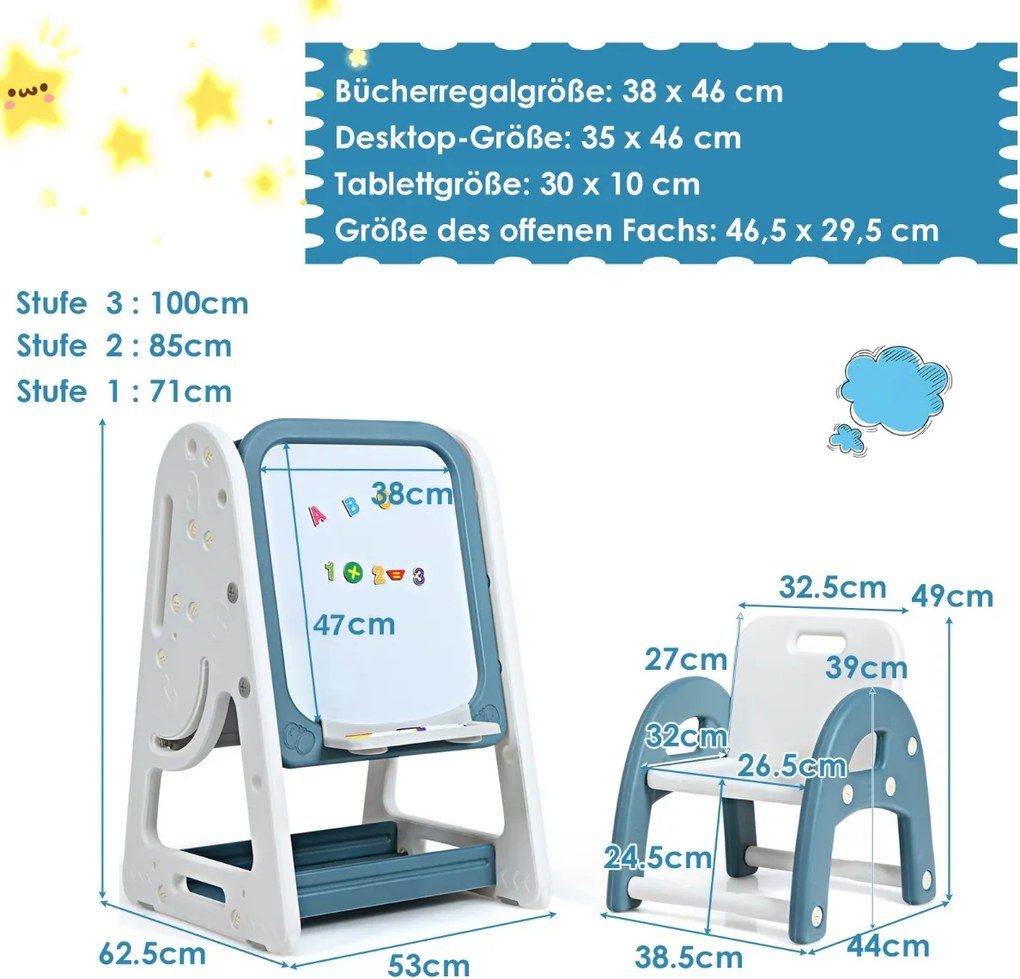 Costway Dětský umělecký stojan 2 v 1 oboustranná magnetická tabule, modrý