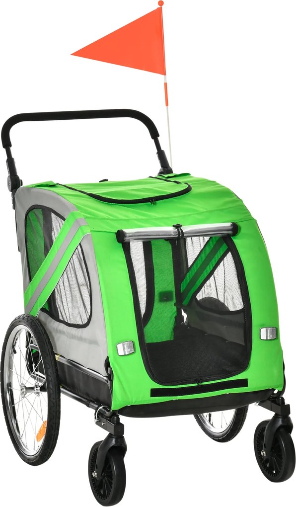 PawHut Závěsný vozík na kolo pro psy 2 v 1 s rolovacími dveřmi, bezpečnostním pásem, vlajkou a 6 odrazkami, nosnost 30 kg, 140x72,5x108 cm, zelený | A