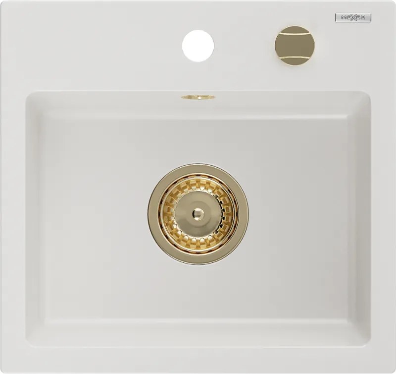 Mexen Milo, granitový dřez 435x410x171 mm, 1-komorový, bílá se zlatým sifonem, 6505441000-20-G