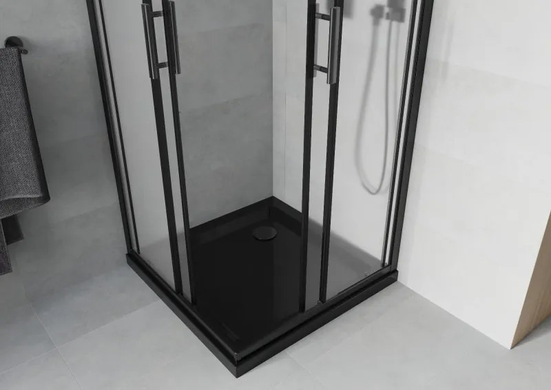 Mexen Rio, sprchový kout s posuvnými dveřmi 90x90x190 cm, 5mm sklo námraza, černý profil + černá sprchová vanička SLIM, 860-090-090-70-30-4070B