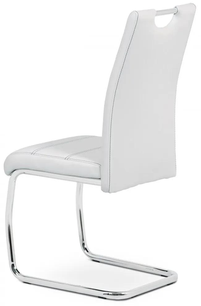 Jídelní židle, potah bílá ekokůže, černé prošití, kovová pohupová podnož, chrom HC-481 WT