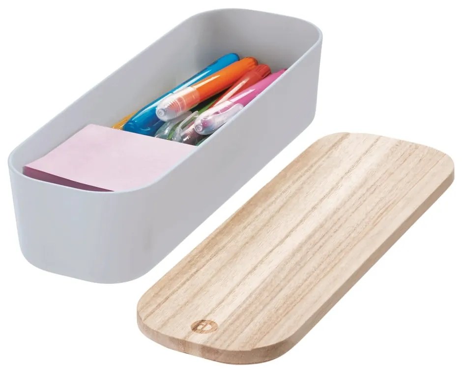 Šedý úložný box s víkem ze dřeva paulownia iDesign Eco, 9 x 27,5 cm