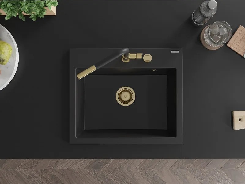 Mexen Oscar granitový dřez 1-komorový 580 x 490 mm, černý, zlatý sifon - 6519581000-77-G