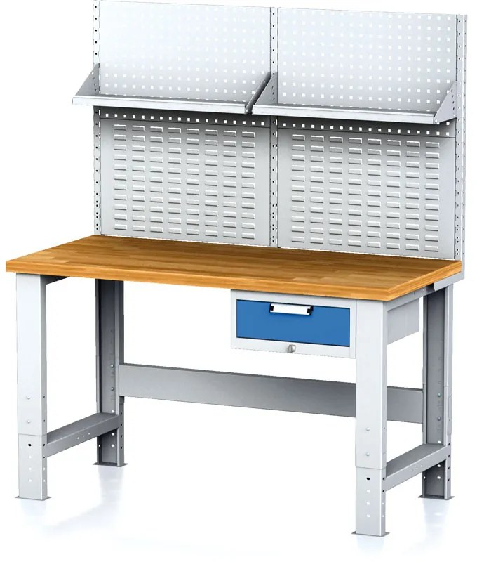 Alfa 3 Nastavitelný dílenský stůl MECHANIC I , závěsný box na nářadí, nástavba, police, 1 zásuvka, 1500x685x700-1055 mm, modré