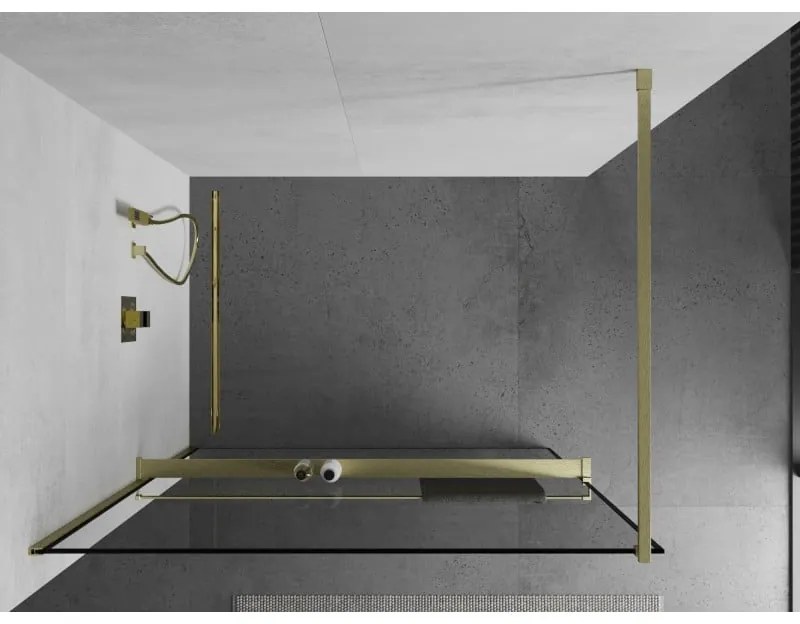 Mexen Kioto+, sprchová zástěna Walk-In s poličkou a věšákem 110 x 200 cm, 8mm čiré sklo černý vzor, zlatý matný profil, 800-110-121-55-70