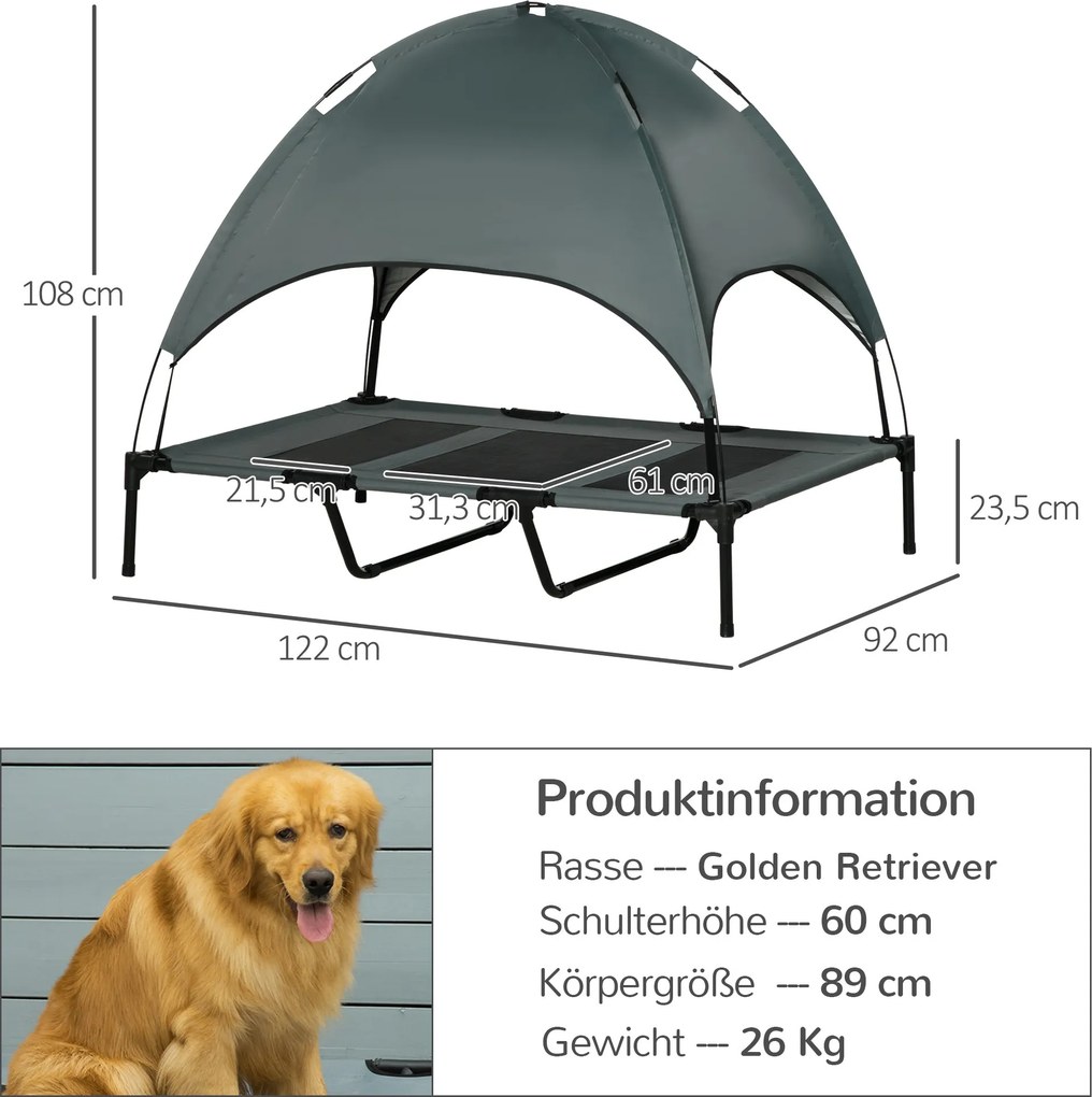 PawHut Elevované Psí Lůžko s Přístřeškem, Psí Postel, Venkovní Psí Lounge s Krytem, Prodyšné, Taftová Tkanina pro Kempování Šedá 122 x 92 x 108 cm