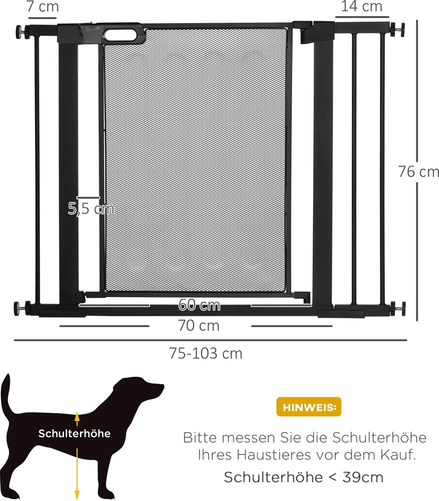 PawHut Zabradlí pro psy, Ochrana schodů, Bezvrtací záchrana, Bariéra pro šířku 75-103 cm, Automatické zavírání, Pro děti a kočky, Ocel, Černá