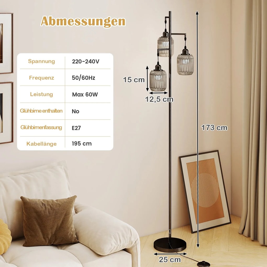 Costway Stojací lampa 173 cm lampa na čtení s 3 E27 zásuvkami a nožním – černý