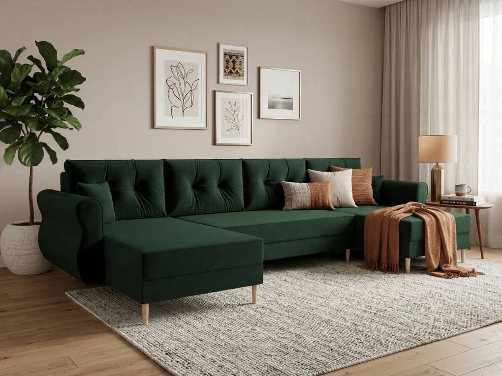 Rozkládací sedací souprava do U SILVIANO 300x140 cm, tmavě zelená + 2 polštářky ZDARMA