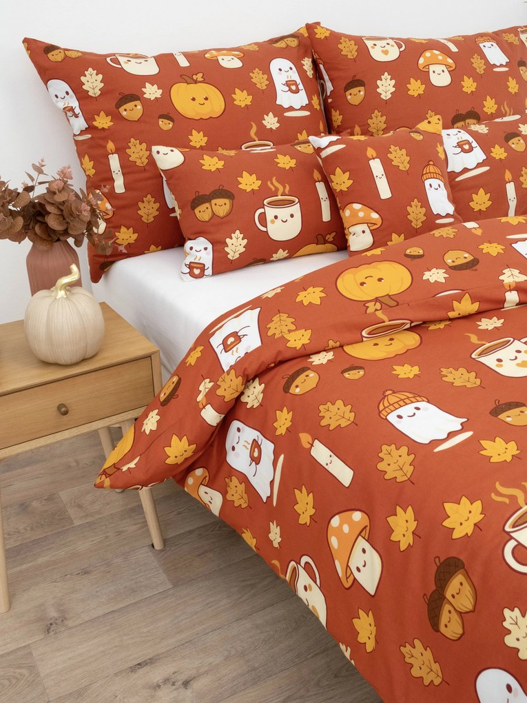 MK Lůžkoviny Prodloužené bavlněné povlečení Renforcé - Strašidelný podzim terakota 140 × 220 cm, 70 x 90 cm