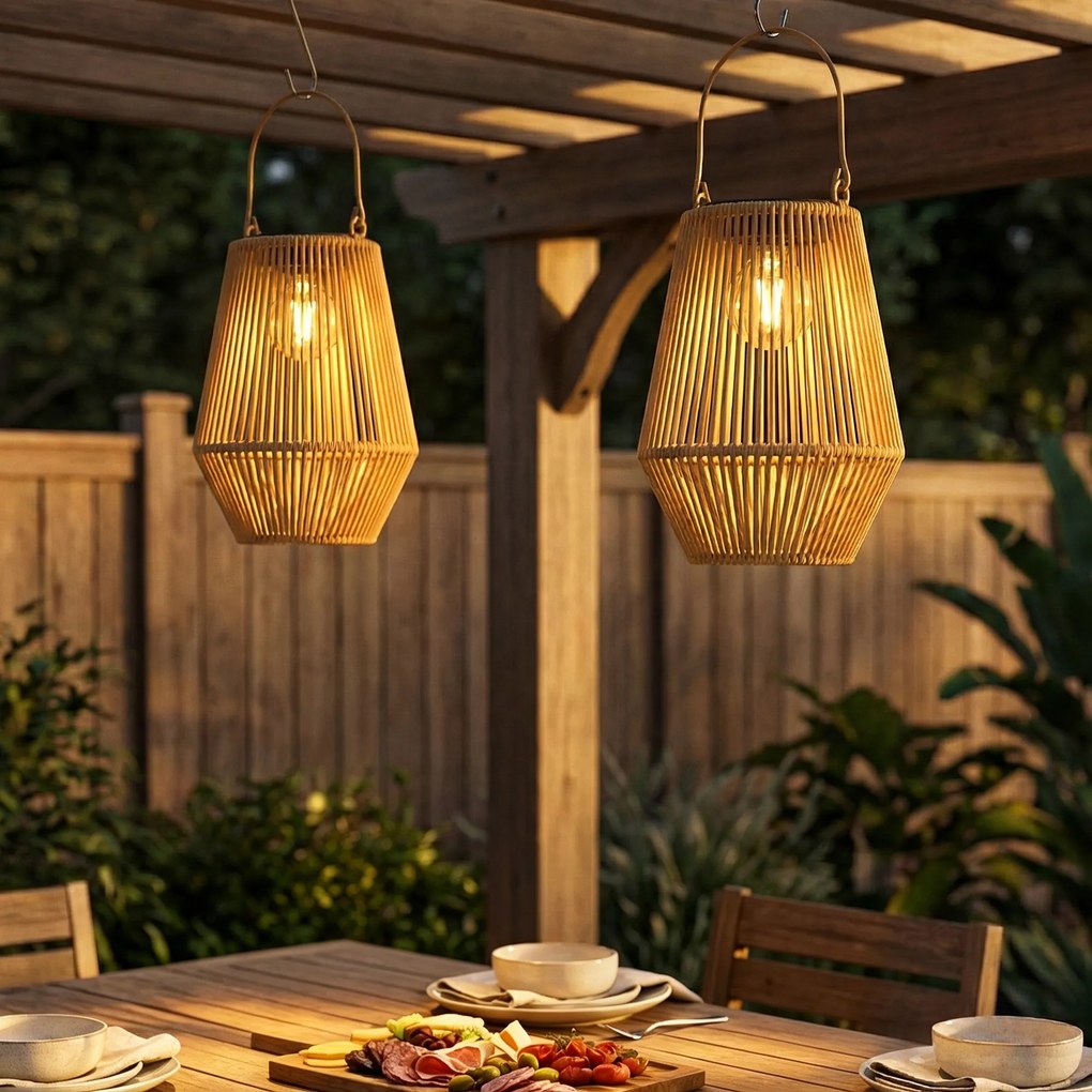 Outsunny Solární stojací lampa sada 2 ratanových závěsných solárních lamp se světelným senzorem IP44 vodotěsná solární lampa pro zahradu balkon hnědá